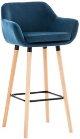 Barová židle Grant ~ samet, dřevěné nohy natura - Modrá