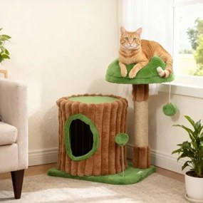 PawHut Škrabadlo 53 cm vysoké, kočičí strom s jeskyní, design kmene stromu, jutové stromy, 2 míčky pro 1-2 kočky do 5 kg, hnědo+zelené