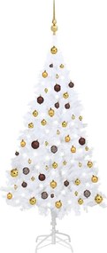 vidaXL Umělý vánoční stromek s LED a sadou koulí bílý 150 cm PVC [3077621] Barva: Bílo-zlatá