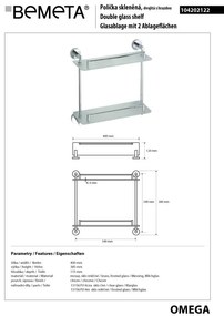 Bemeta Design OMEGA: Polička, 400 mm, dvojitá, sklo -