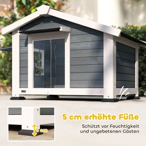 Dřevěná bouda pro psy odolná proti povětrnostním vlivům s odnímatelnou podlahou asfaltová střecha otevírací okno 98x76x69,5 cm šedá