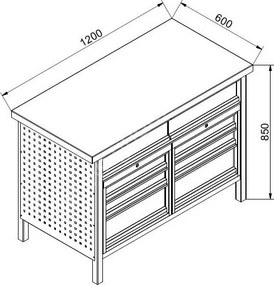Dílenský pracovní stůl GD, 5 zásuvek, smrk + oboustranně dýhovaná smrková překližka, 5 zásuvek, 1 skříňka, 1190 x 600 x 850 mm, modrá / šedá