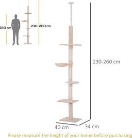 PawHut škrabadlo stropní, H230-260 cm, výškově nastavitelný strom pro kočky, stabilní, béžový