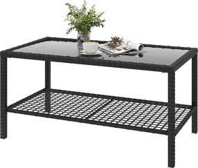 Outsunny ratanový zahradní odkládací stolek s policí, vrchní deskou z tvrzeného skla a ocelovým rámem — 92 x 50 x 45 cm, černý
