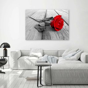 Obraz na plátně Červená růže na dřevěné podlaze - 90x60 cm