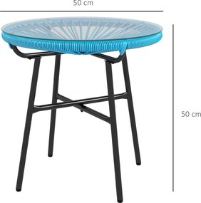 Kulatý zahradní konferenční stolek Outsunny s povrchem z umělého ratanu a skleněnou deskou Ø 50 x 50 cm Modrý