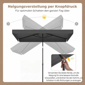 Costway Slunečník Obdélníkový s úhlem sklonu 30° Ohebný – 200 × 130 cm, šedá
