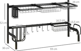 HOMCOM Dvoupatrový odkapávač na nádobí s háčkem a odkapávací plochou z oceli, černý 51-93 cm do kuchyně | Aosom.de