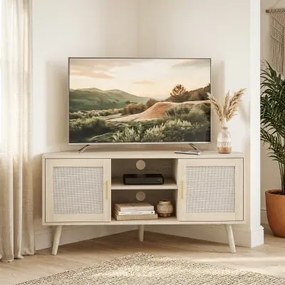 HOMCOM rohový televizní nábytek 115 cm, nábytek pod televizi pro televize až 65 palců, 2 ratanové dveře, 2 přihrádky, dub