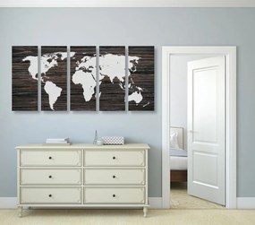 5-dílný obraz mapa světa na dřevě - 100x50 cm