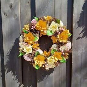 Velikonoční věnec na dveře 30 × 30 × 8 cm, žluté květy, plast, venkovní