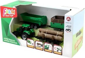 Traktor zelený se 3 přívěsy a kládami dřeva / Traktor / Herní set / Pl