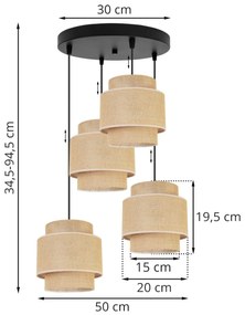 Závěsné svítidlo BOHO, 4x jutové stínítko, (výběr ze 2 barev konstrukce), O