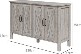 HOMCOM Nízká Skříň v Rustikálním Stylu s 2 Nastavitelnými Policemi, TV Bufet pro TV do 55 palců s 4 Dřevěnými Dvermi, 120x37x75 cm, Šedá