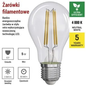 Emos lighting LED žárovka Filament A60 A CLASS/ E27 / 5 W (75 W) / 1 060 lm / neutrální bílá 1525283412