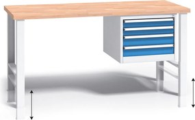 Výškově nastavitelný pracovní stůl do dílny G3 se závěsným boxem na nářadí, buková spárovka, 4 zásuvky, 1500 x 685 x 840 - 1050 mm, modrá