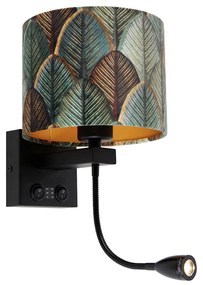 Nástěnná lampa černá s sametovým stínidlem s designem listů a zlatým interiérem - Brescia Combi