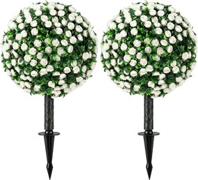 HOMCOM 2× umělé růžové topiáry 55 cm, UV-odolné, 306 bílých růží, zemní hrot | Aosom