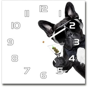 Wallmuralia Skleněné hodiny čtverec Pes s martini 30x30 cm