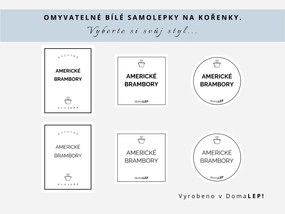 AMERICKÉ BRAMBORY - omyvatelná samolepka na kořenky, výběr rozměrů Ø 5 cm / 5 x 5 cm / 6 x 8 cm | DomaLEP tvar: KOLEČKO, barva: BÍLÁ - ČERNÉ písmo, velikost: Ø 5 cm - tučné písmo