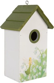Zeleno-bílá dřevěná ptačí budka s konvalinkami Birdhouse - 15*10*22 cm