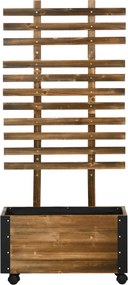 Vyvýšený záhon Outsunny s mříží a kolečky, truhlík na květiny pro popínavé rostliny, truhlík na květiny z ohořelého dřeva, 65 x 31 x 147 cm