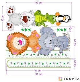 INSPIO Samolepky do dětského pokoje - Zelený metr s barevnými zvířátky (180 cm)