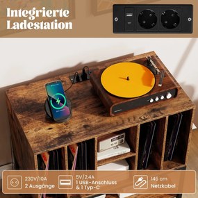 Costway Stojan na gramofon s nabíjecí stanicí a vinylovou postranní úložnou
