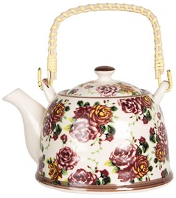 Porcelánová konvička na čaj s květy růží a sítkem - 18*14*12 cm / 0,8L