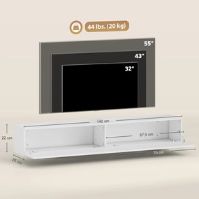 HOMCOM závěsný televizní nábytek 140 cm, TV lowboard pro televize až 182,9 cm, 2 výklopné dveře, 140x25x22 cm, bílá
