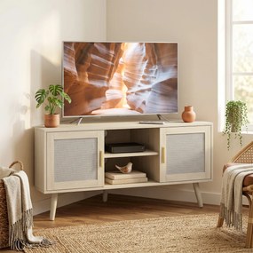 HOMCOM rohový televizní nábytek 115 cm, nábytek pod televizi pro televize až 65 palců, 2 ratanové dveře, 2 přihrádky, dub