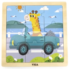 Dřevěné puzzle žirafa v autě 9 dílků