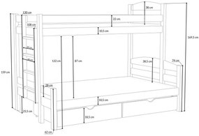 Dětská patrová postel z masivu borovice s rozšířeným spodním lůžkem SAVANA  se šuplíky - 200x90/140 cm - PŘÍRODNÍ BOROVICE