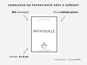 RATATOUILLE - omyvatelná samolepka na kořenky, výběr rozměrů Ø 5 cm / 5 x 5 cm / 6 x 8 cm | DomaLEP tvar: OBDÉLNÍK, barva: BÍLÁ - ČERNÉ písmo, velikost: š. 6 cm x v. 8 cm – základní písmo