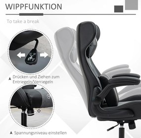 Ergonomická herní židle Vinsetto s nastavitelnou výškou, kulatou základnou, sklápěcími opěrkami, podhlavníkem a bederními polštáři, PU šedá černá