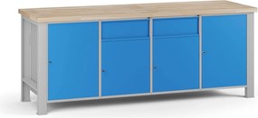 Dílenský pracovní stůl G7, buková spárovka, 2100 x 685 x 840 mm, 4x skříňka, 2 zásuvky, modrá