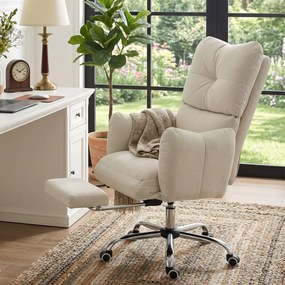 HOMCOM ergonomické kancelářské křeslo s podnožkou — krémově bílý flanel, silné čalounění, vysoké opěradlo, výškově nastavitelné