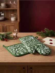 Sinsay - Vánoční sada: kuchyňská chňapka a podložka pod hrnec s rostlinným vzorem 2 pack - zelená