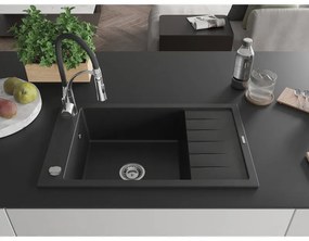 Mexen Elias, 1-komorový granitový dřez 795x480x200 mm a dřezová baterie Aster, černá, 6511-77-73450-07