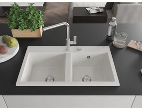 Mexen Hektor, 2-komorový granitový dřez 800x480x205 mm, bílá, chromový sifon, 6521802000-20