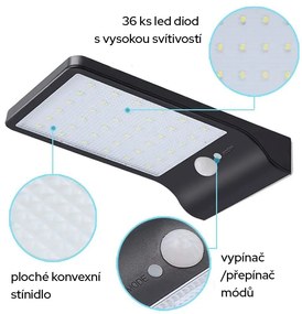 Bezdoteku LEDSolar 36 nástěnná lampa s vysunutím černá, se sensorem, bezdrátové, 2,5 W, studená barva