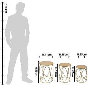 3ks zlaté antik odkládací kovové stolky – 41x56 /  38x51 /  35x47 cm