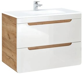 COMAD Závěsná skříňka s umyvadlem - ARUBA 821 white, šířka 80 cm, dub craft/lesklá bílá
