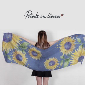Lenbutik Dámská šála 100% Len Slunečnice v modré / Blue sunflowers