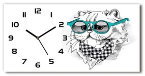 Wallmuralia Skleněné hodiny na stěnu Kočka v brýlích 60x30 cm
