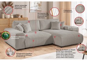 Světle šedá manšestrová rozkládací/s úložným prostorem rohová pohovka (pravý roh) Sarina – Ropez