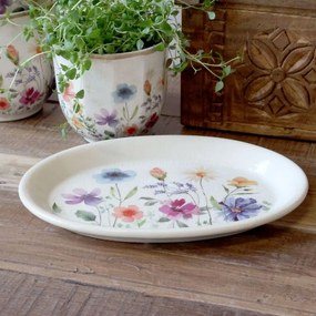 Béžový antik keramický podnos s květy Fleurville - 25*18*2 cm