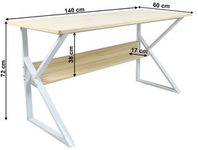 Psací stůl TARCAL 140 s policí, lamino dub přírodní a kov bílý lak