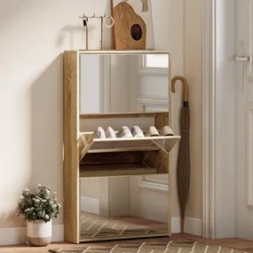 HOMCOM skříňka na boty do předsíně/chodby se 3 dveřmi a zrcadlem, úzká skříňka na 9 párů bot, 65x17x114,5 cm, přírodní