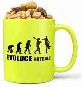 Hrnek Evoluce fotbalu - fluo (Náplň hrníčku: Směs slaných oříšků)